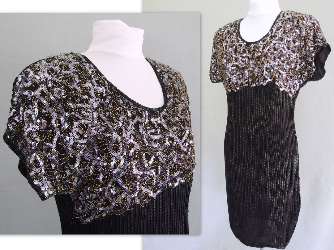 Black Gothic Party Dress - Vintage 1980's Beaded Disco Dress, Fits Size ...
