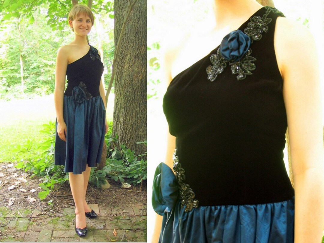 Upcycled Black and Blue One Shoulder Short Gothic Prom Dress Formal ...