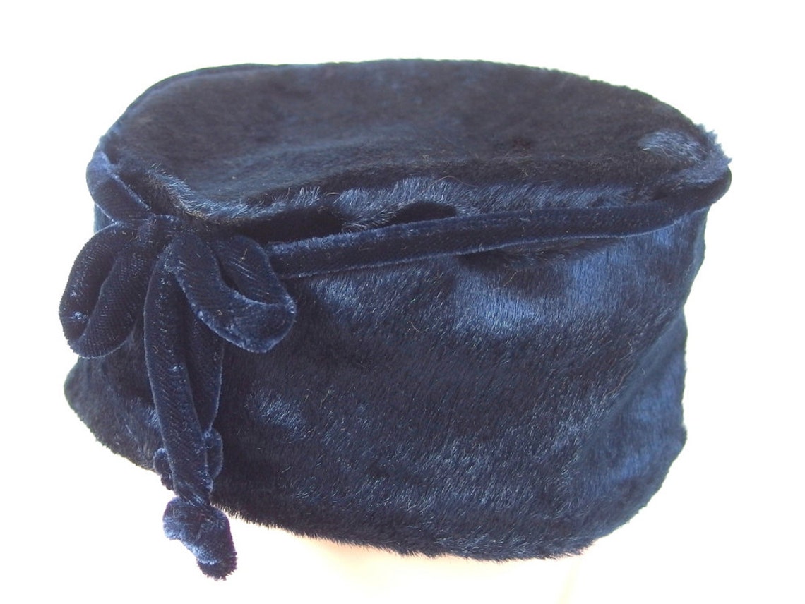Vintage Navy Blue Faux Fur Tall Pillbox Hat Blue Toque | Etsy