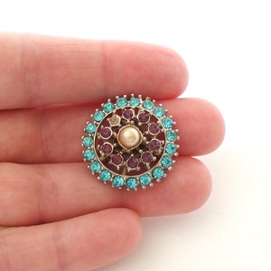 Aqua and Purple Rhinestone Scarf Pin, Vintage Round Dome Brooch, Small ...
