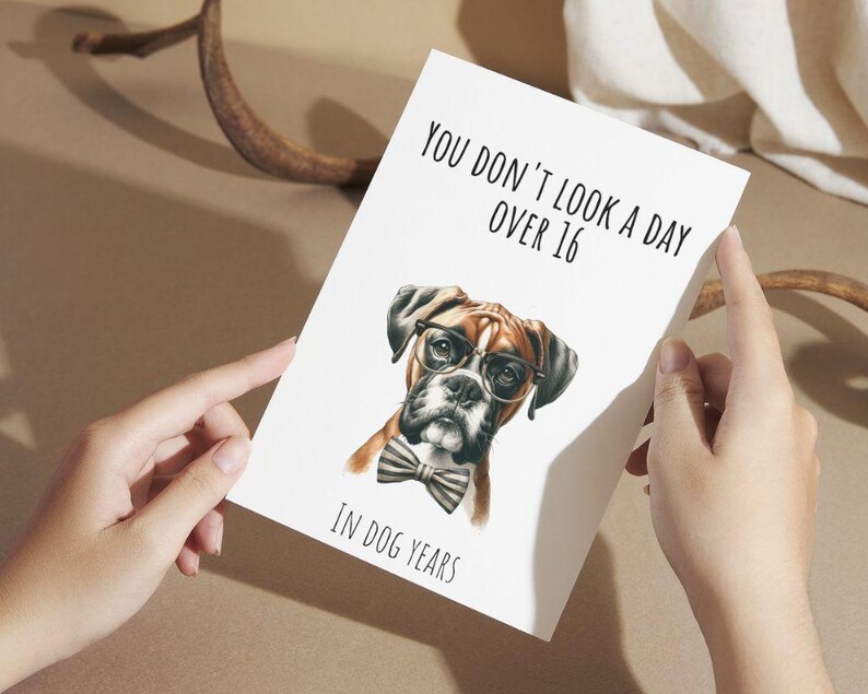Printable Boxer Dog Card Funny Old Dog With Glasses & Tie Unique ...