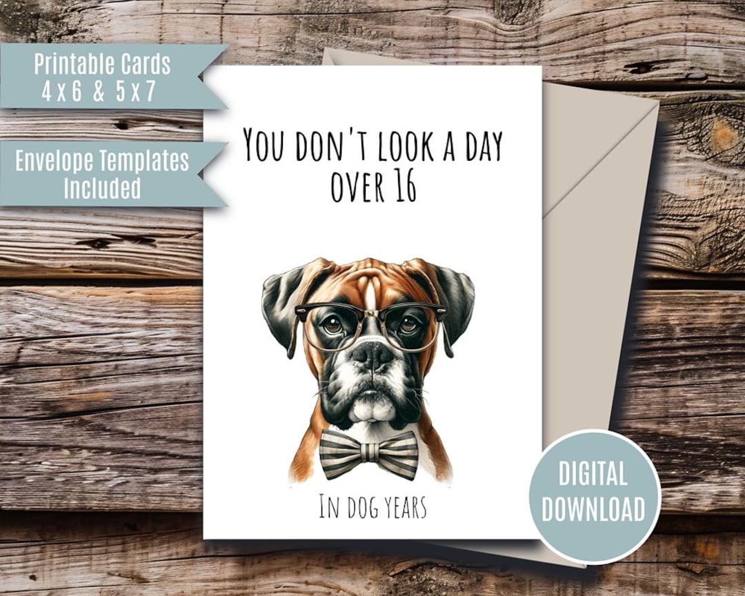 Printable Boxer Dog Card - Funny Old Dog With Glasses & Tie - Unique ...
