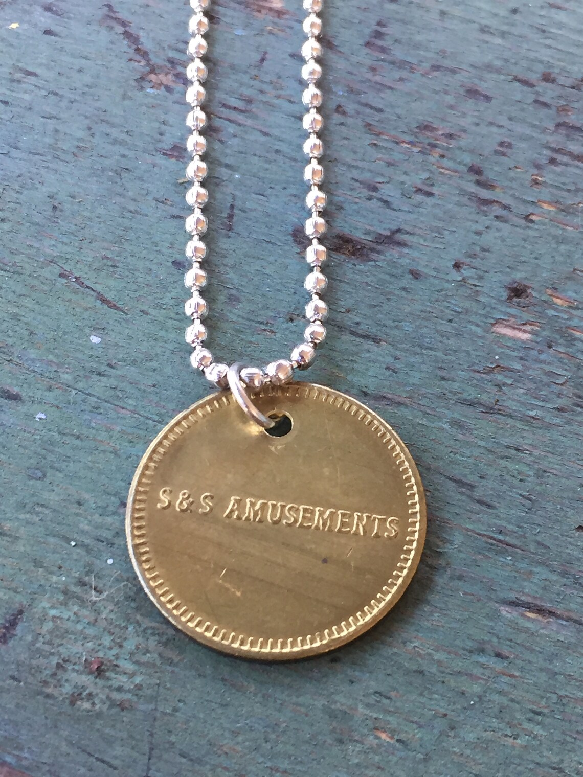 Charms on Chain, Vintage Gold Token Charm on Base Metal Ball Chain ...