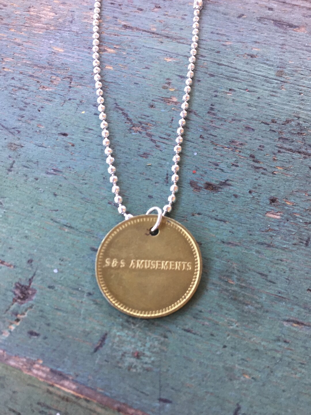 Charms on Chain, Vintage Gold Token Charm on Base Metal Ball Chain ...