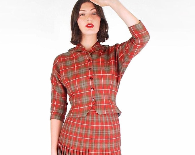 50s Fitted Jacket & Pleated Skirt Suit in Muted Red Fraser Tartan Wool ...