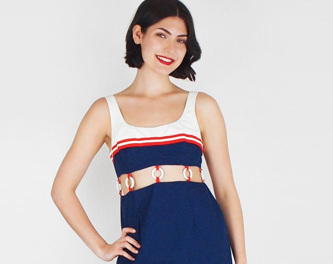 60s Nautical Mini Dress With Midriff Rings by Beach Party S • Built in ...