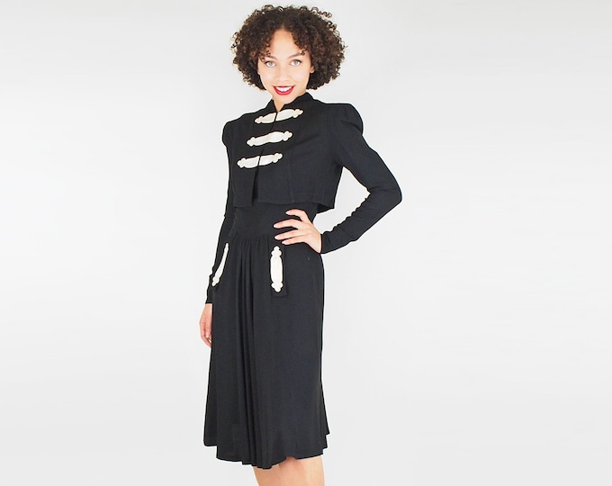 Early 40s Military Influenced Black Dress & Bolero Jacket by Sally ...