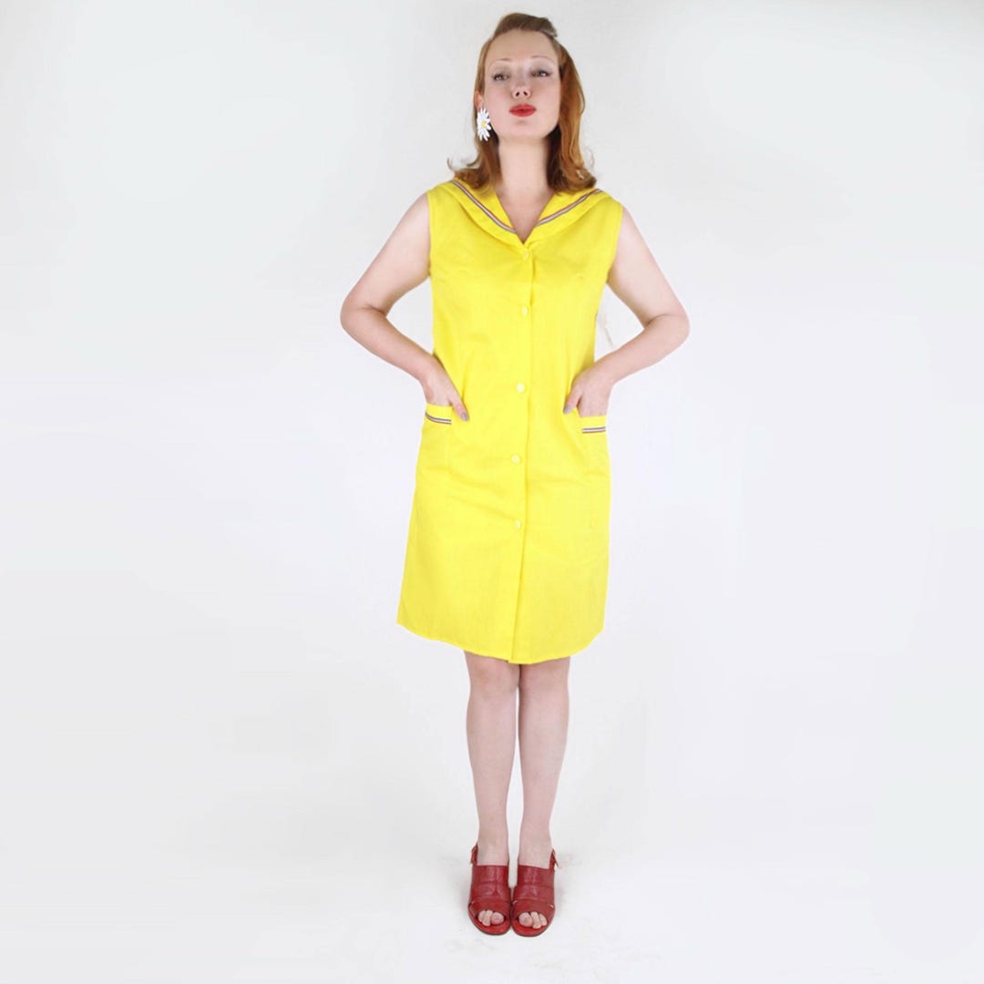 NOS 1960s Yellow Cotton Sailor Collar Shift Dress With Red, White and ...