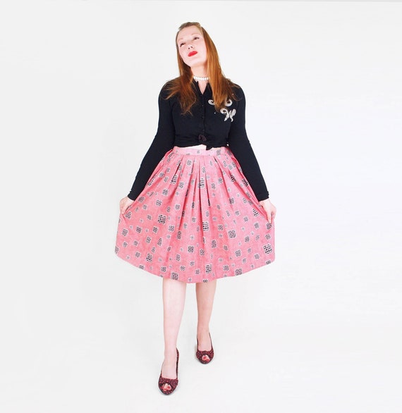 50s Salmon Pink & Black Mid-century Modern Print Cott… - Gem