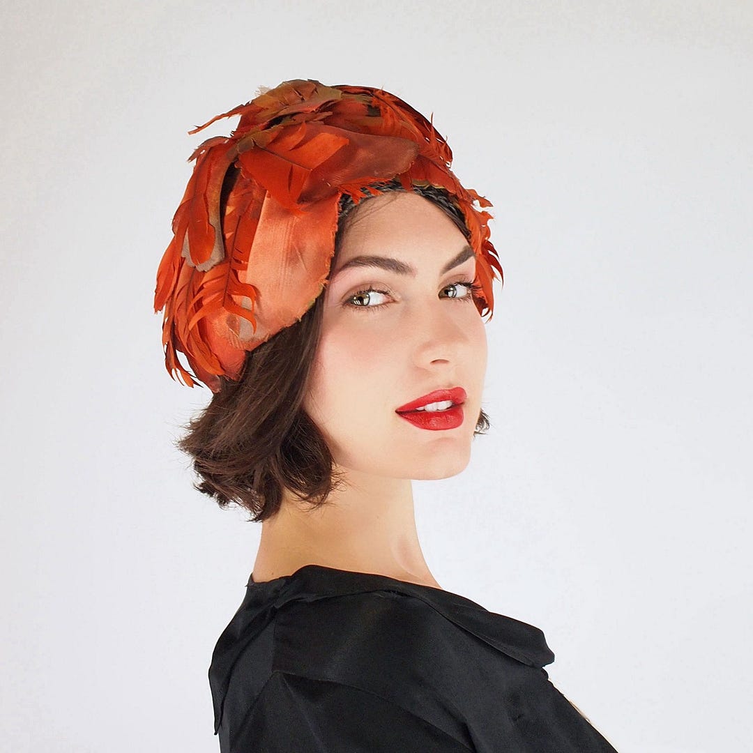 1920s Burnt Orange Feather & Satin Cloche Hat - Crocheted Lining - VFG ...