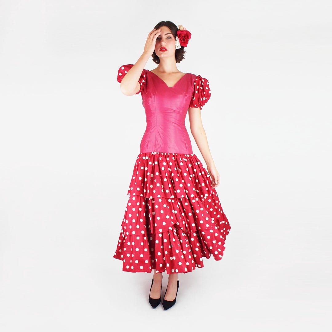 Vintage Flamenco-style Dance Costume Dress - Red Polka Dot With Puff ...