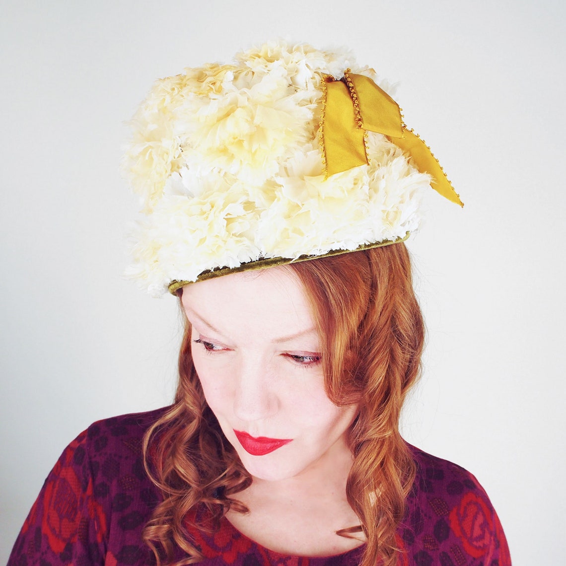 60s Frothy Cream Flower Pot Tall Crown Hat With Gold Bow by - Etsy