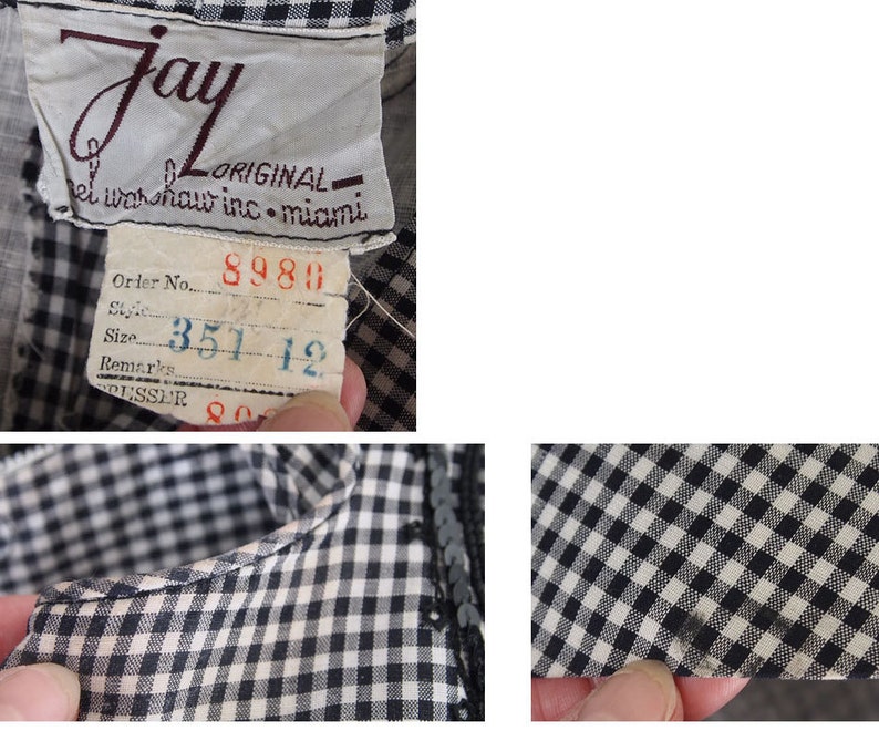 1950s Black & White Gingham Check Full Skirt Dress Trimmed With Sequins ...