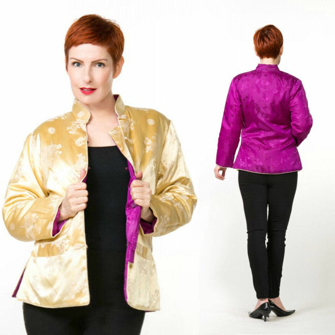 Vintage Reversible Gold & Purple Brocade Asian Mandarin Padded Jacket M ...