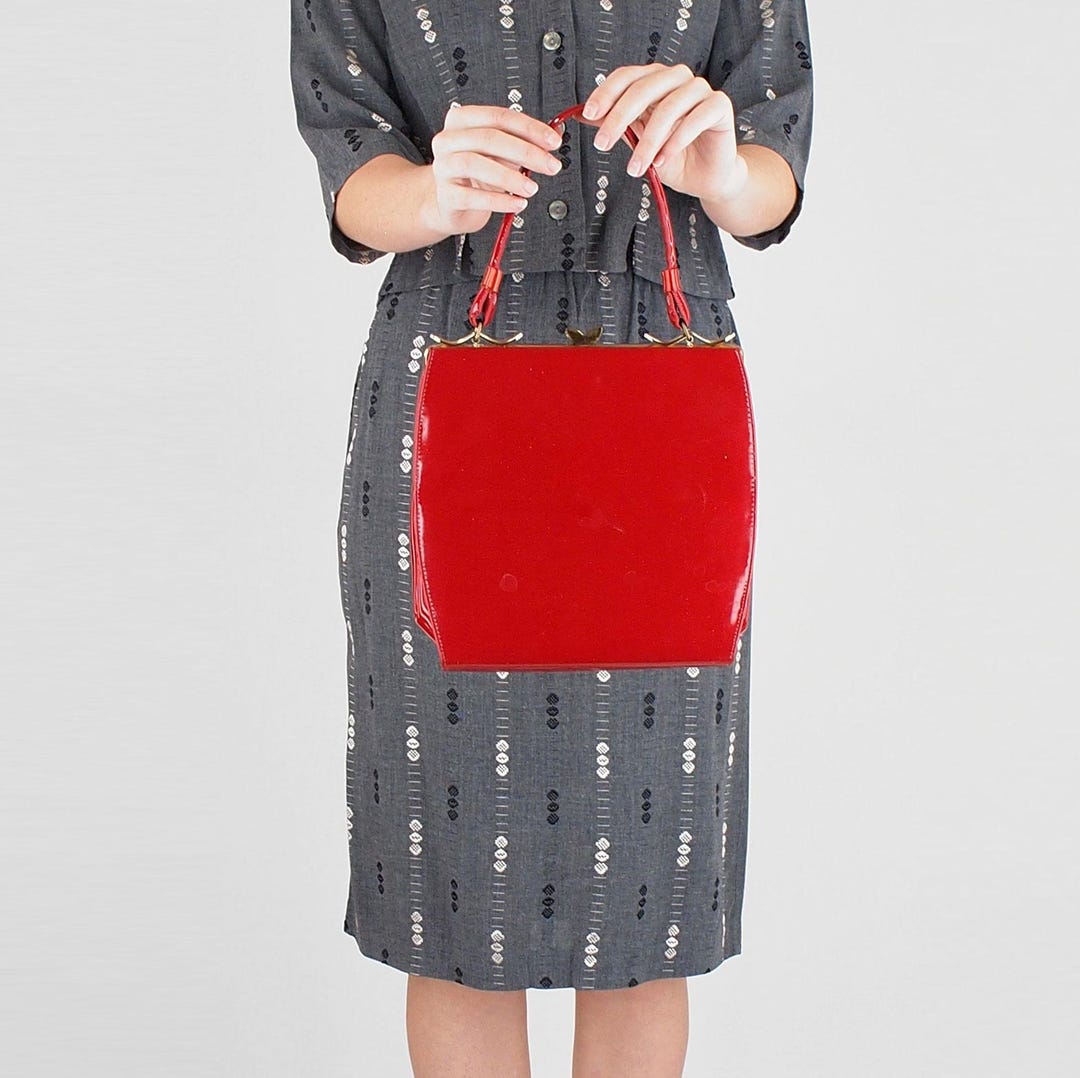 1950s Candy Apple Red Patent Handbag • Top Handle Structured Purse ...