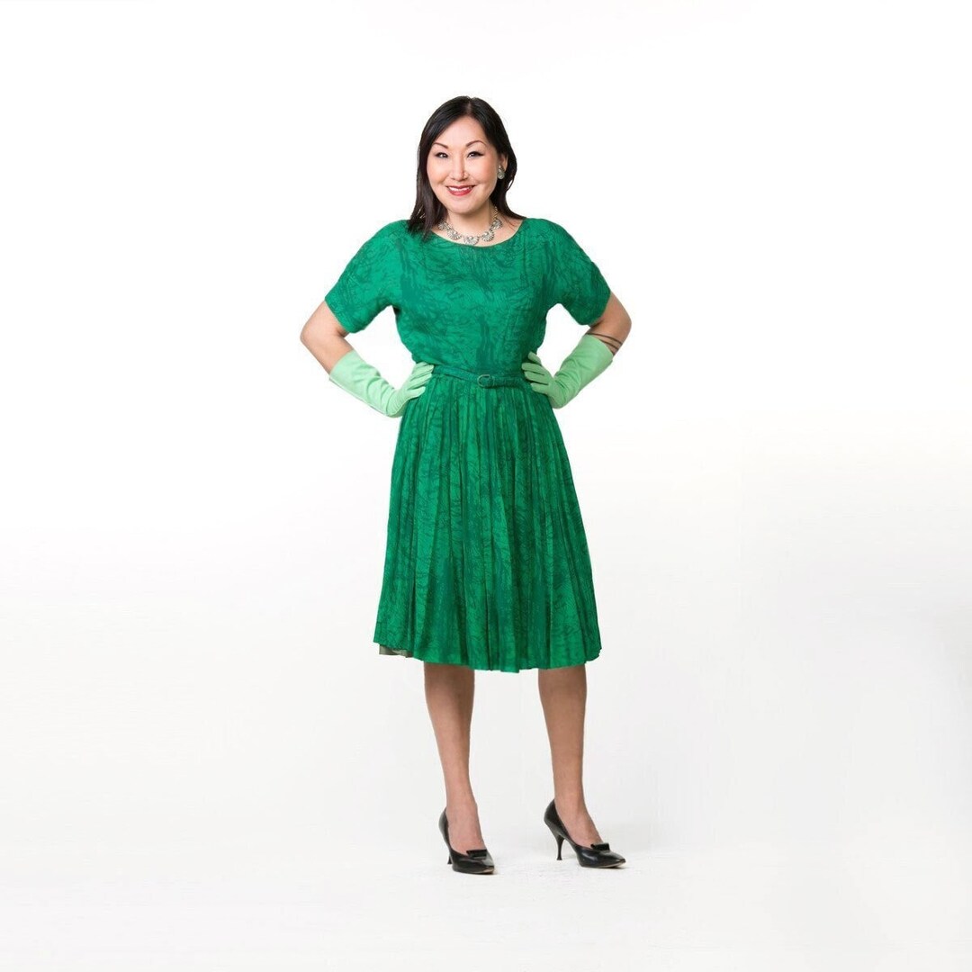 50s Green Artful Print Layered Silk Chiffon Full Skirt Dress by ...