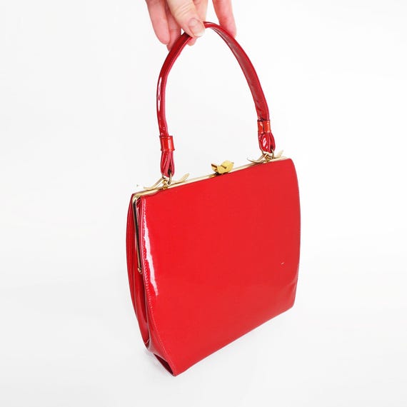 50s Candy Apple Red Patent Handbag • Top Handle Struc… - Gem