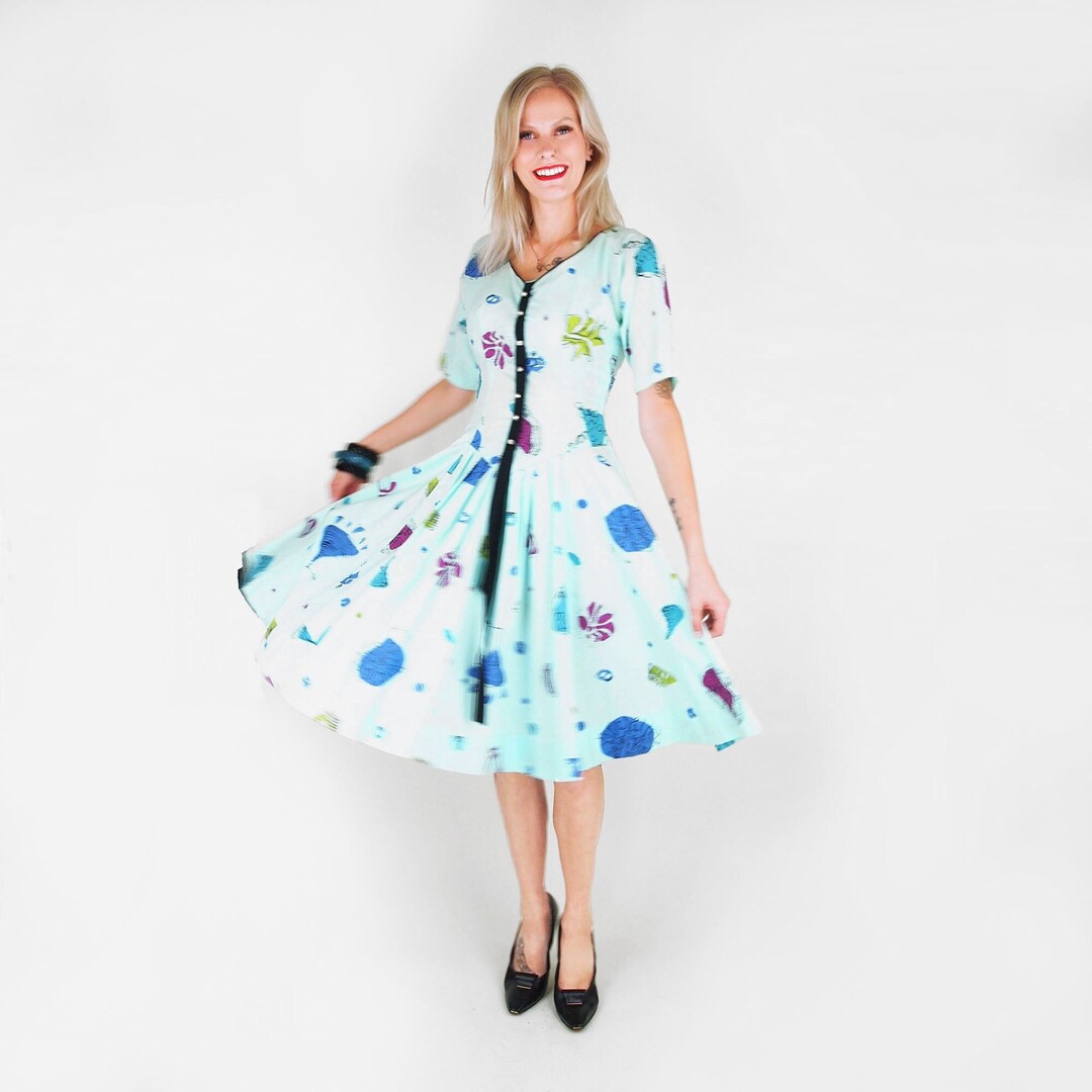 1950s Pale Aqua Blue Modernist Print Dress by Kabro of Houston XS - VFG ...