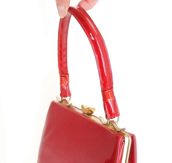 50s Candy Apple Red Patent Handbag • Top Handle Struc… - Gem