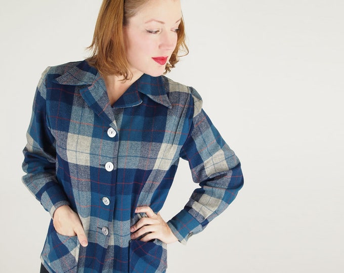 50s Blue, Grey and Red Plaid Wool 49er Style Jacket by Western Star M-L ...