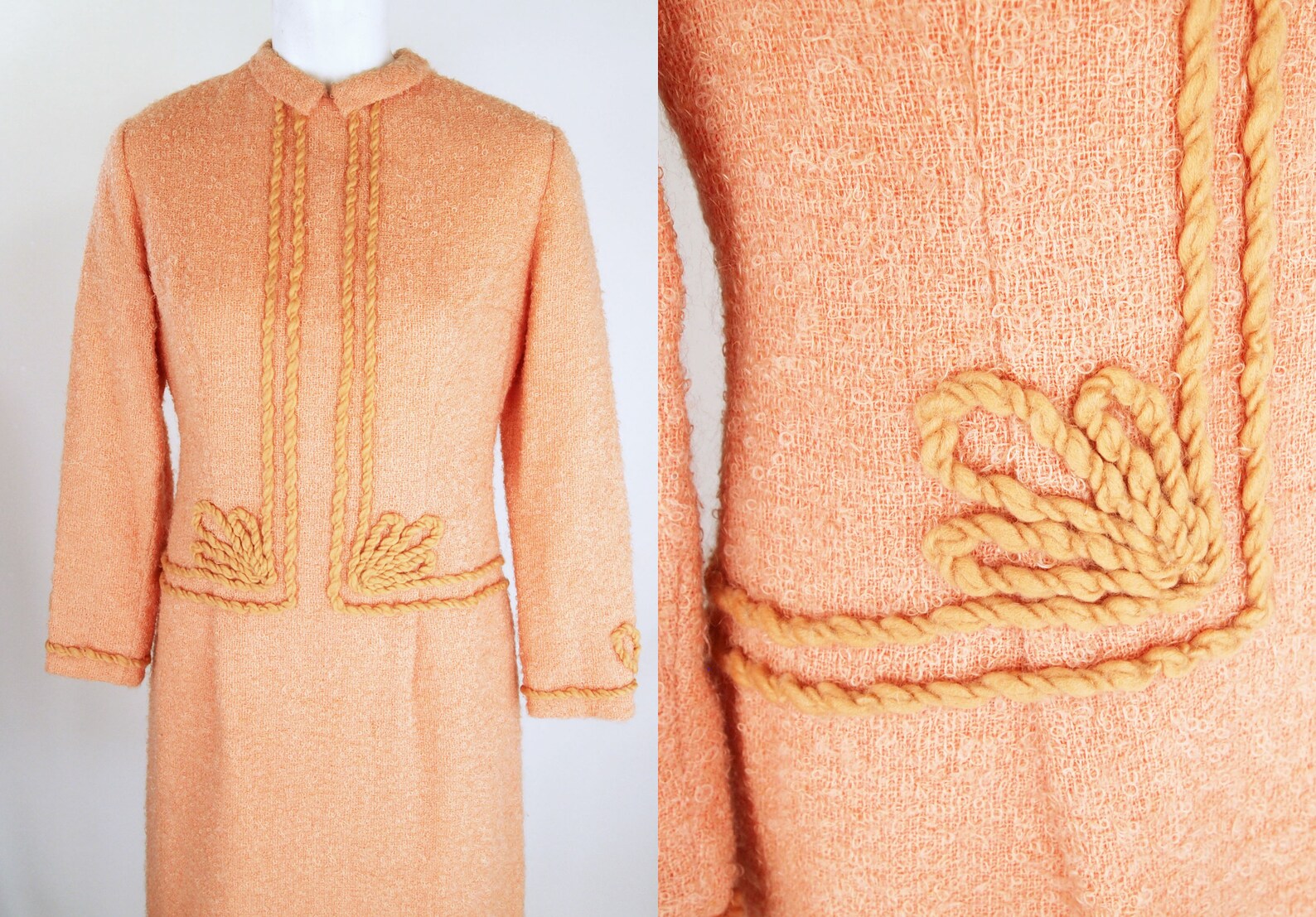 60s Peach Wool Bouclé Coat and Dress With Cording Detail S - Etsy