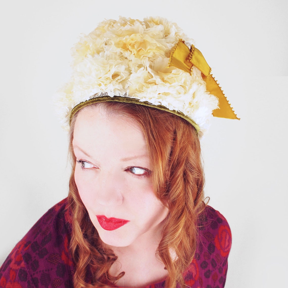 60s Frothy Cream Flower Pot Tall Crown Hat With Gold Bow by - Etsy