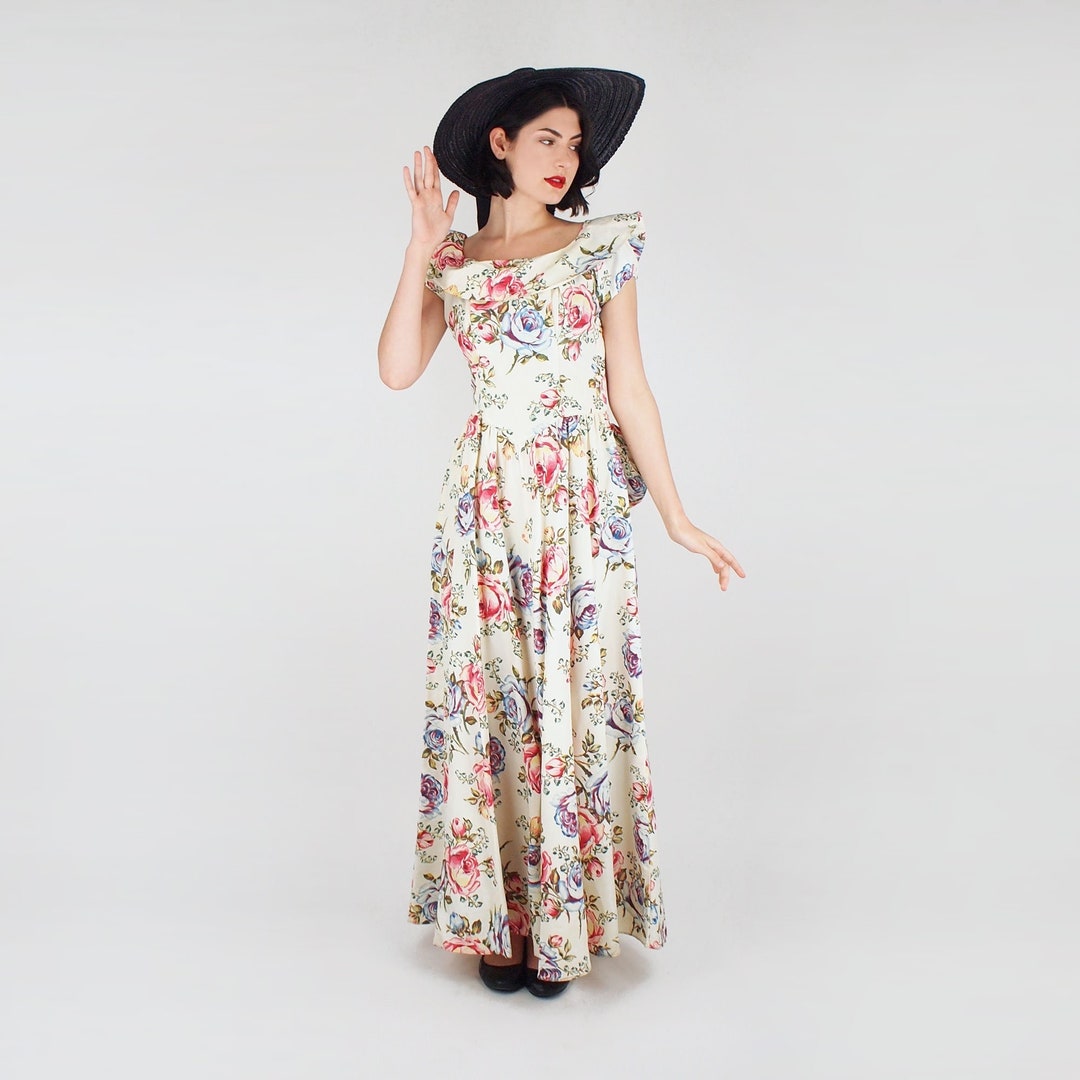 40s Rose Print Long Dress With Back Bustle Bow M Puffed Sleeves, Basque ...