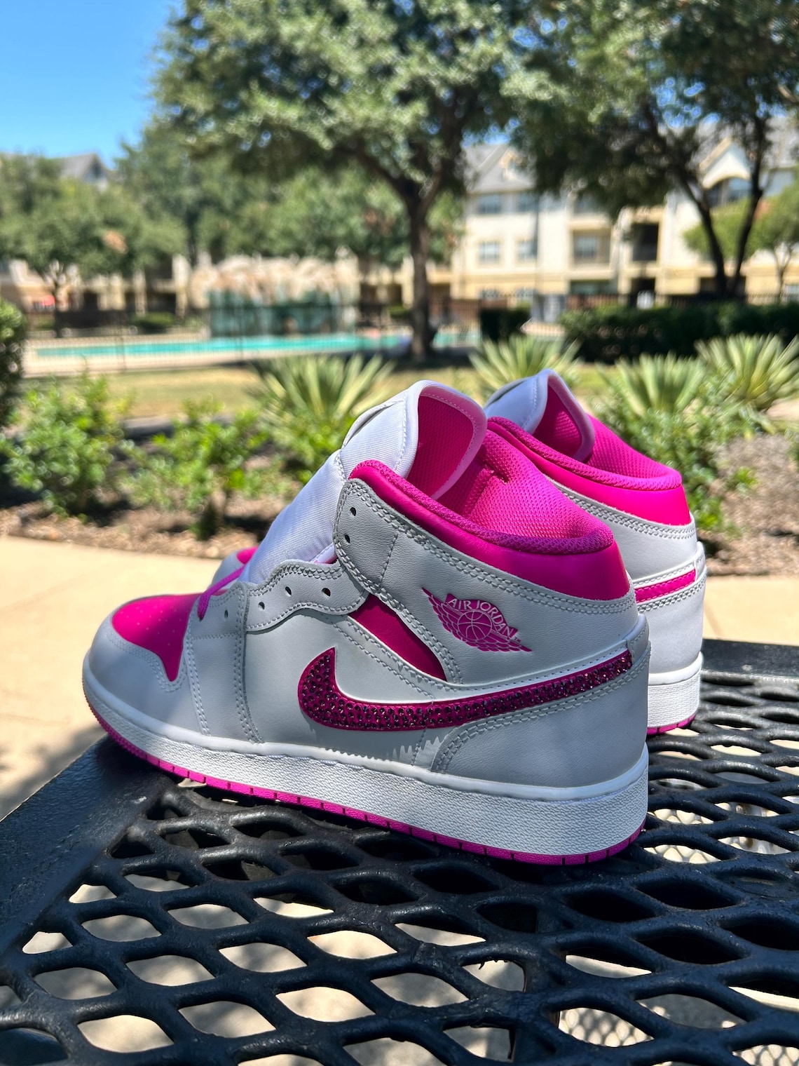 Custom Bling Air Jordan 1 Mid ‘laser Fuchsia’ | Crystal Rhinestone Pink ...