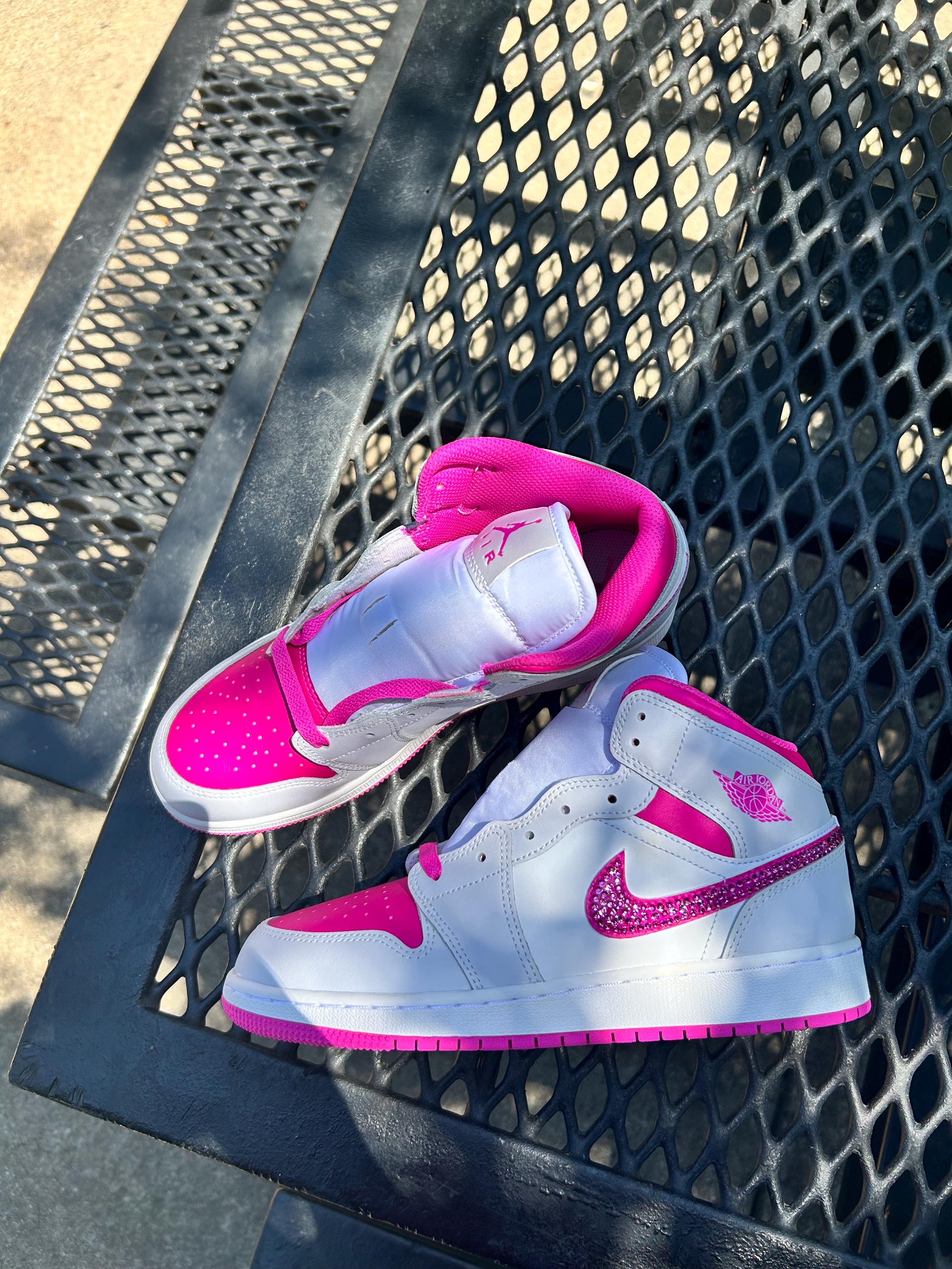 Custom Bling Air Jordan 1 Mid ‘laser Fuchsia’ | Crystal Rhinestone Pink ...