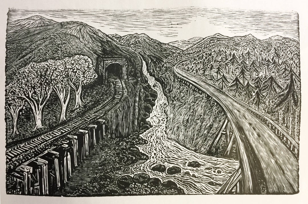 Crossing Paths Original Wood Engraving Road River Railroad Travelers ...