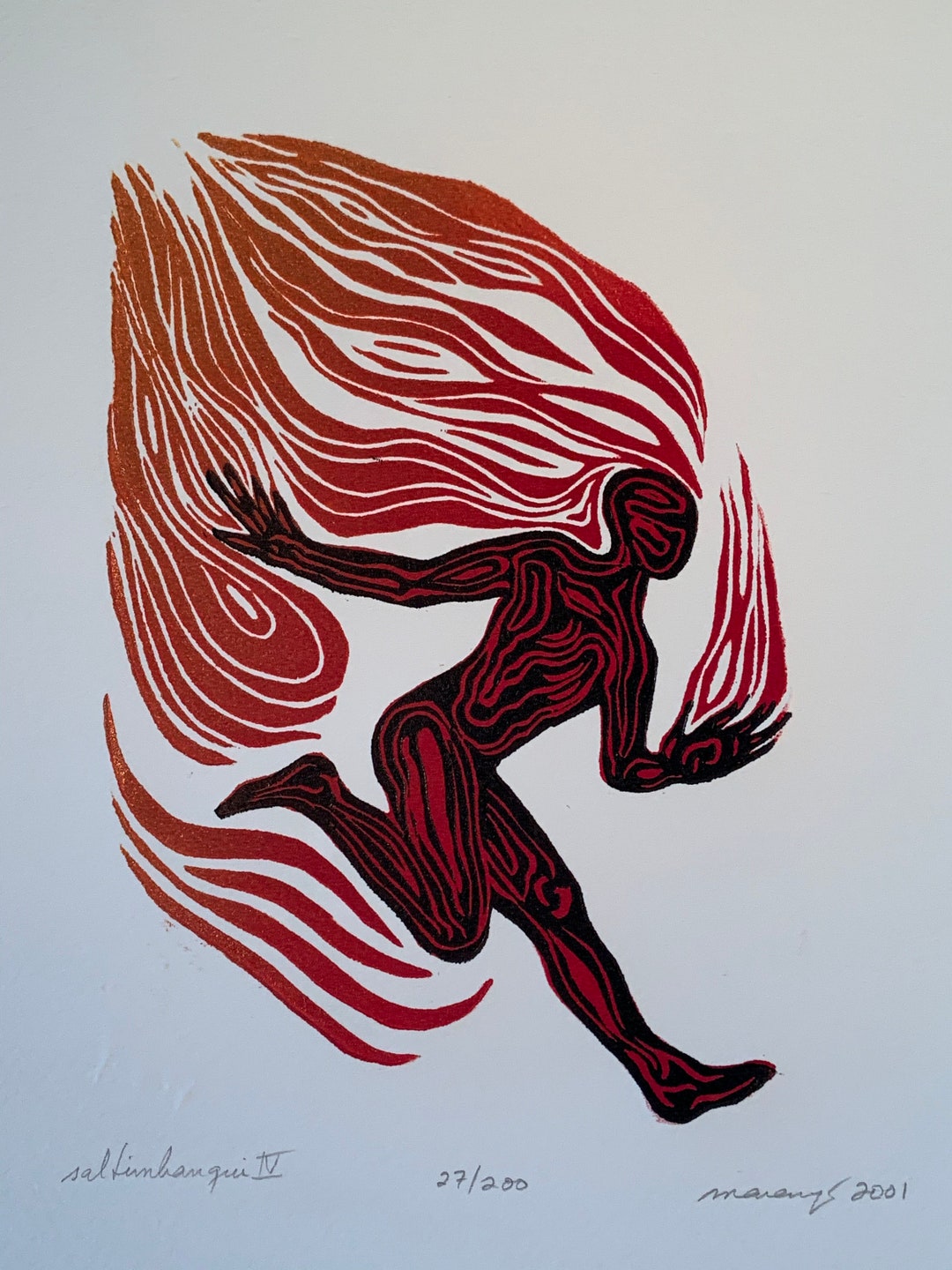 Woodcut Print Original Color Child Art Fire Runner Red Orange - Etsy