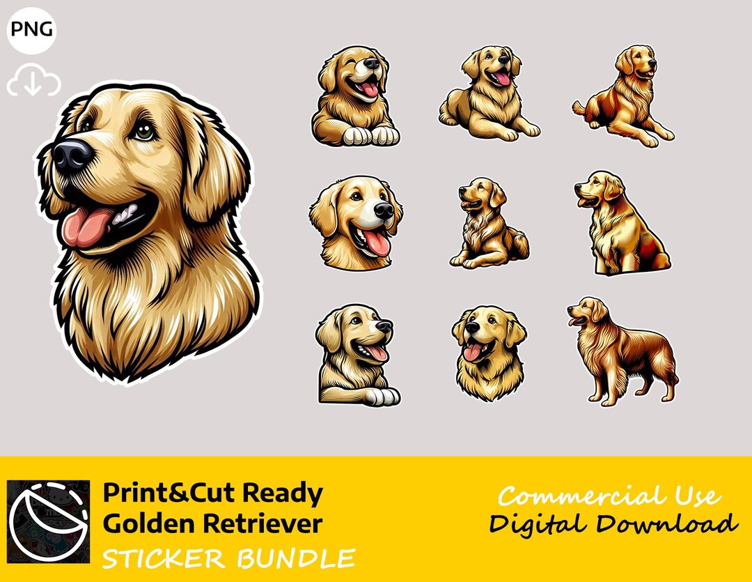 Cute Golden Retriever Print and Cut Digital PNG Sticker Collection, 19 ...