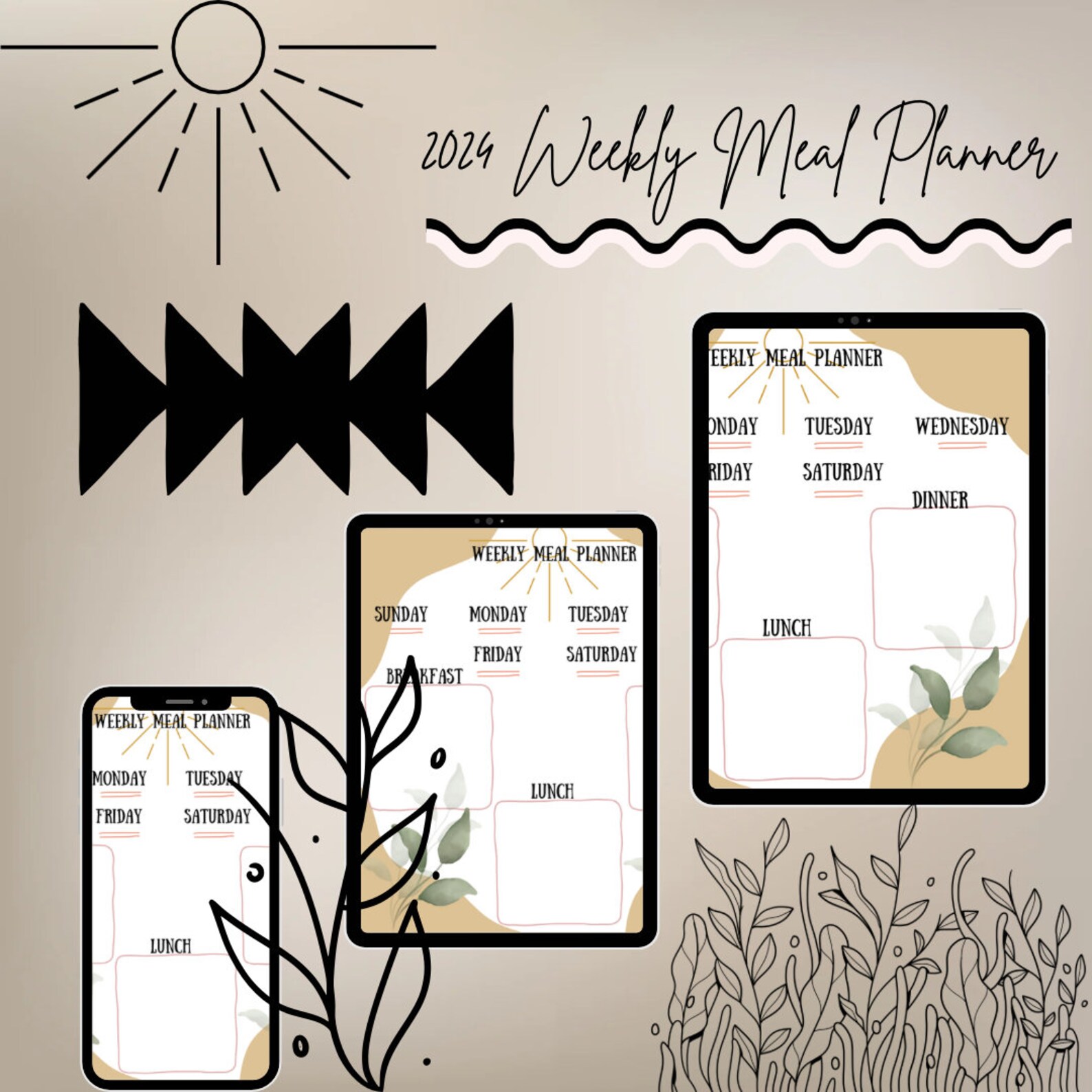 Digital Boho Weekly Meal Planner - Etsy