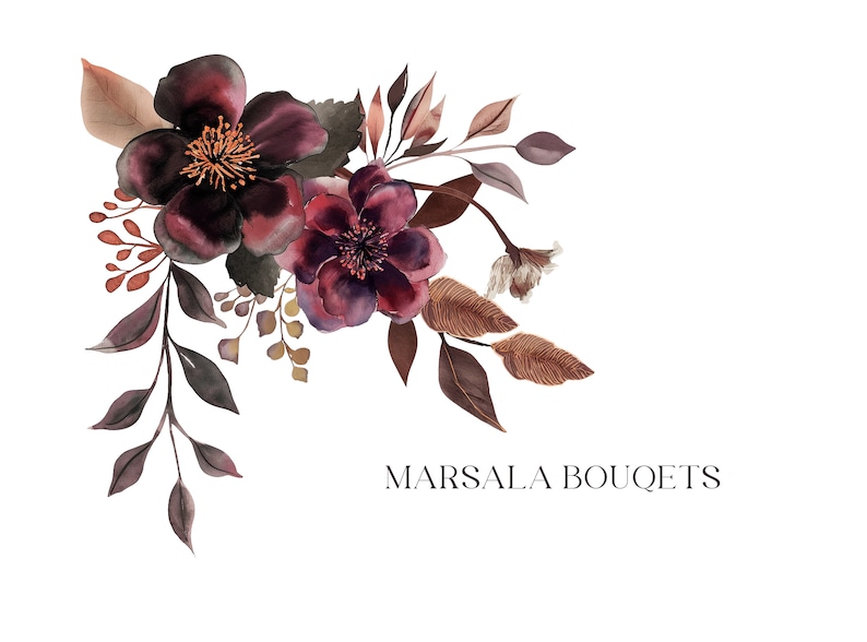 Burgundy Floral Watercolor Clipart, Marsala Clipart, Autumn Floral ...