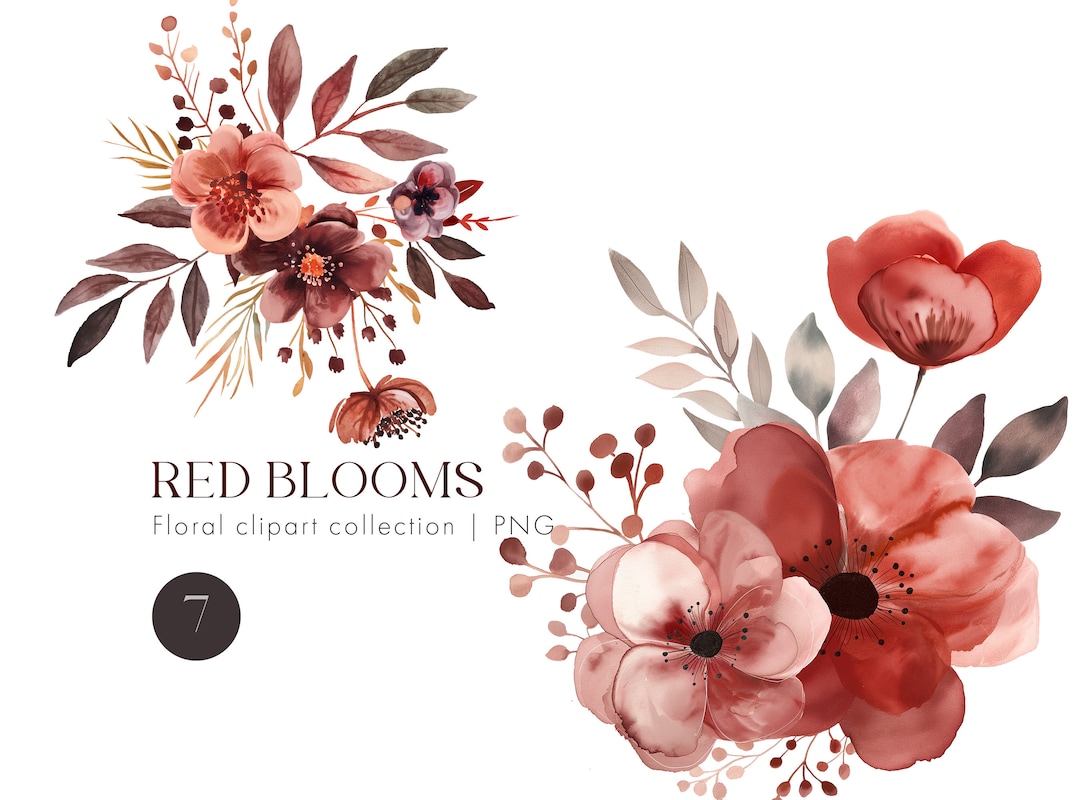 Red Floral Watercolor Clipart, Watercolor Bouquets Clipart, Autumn ...