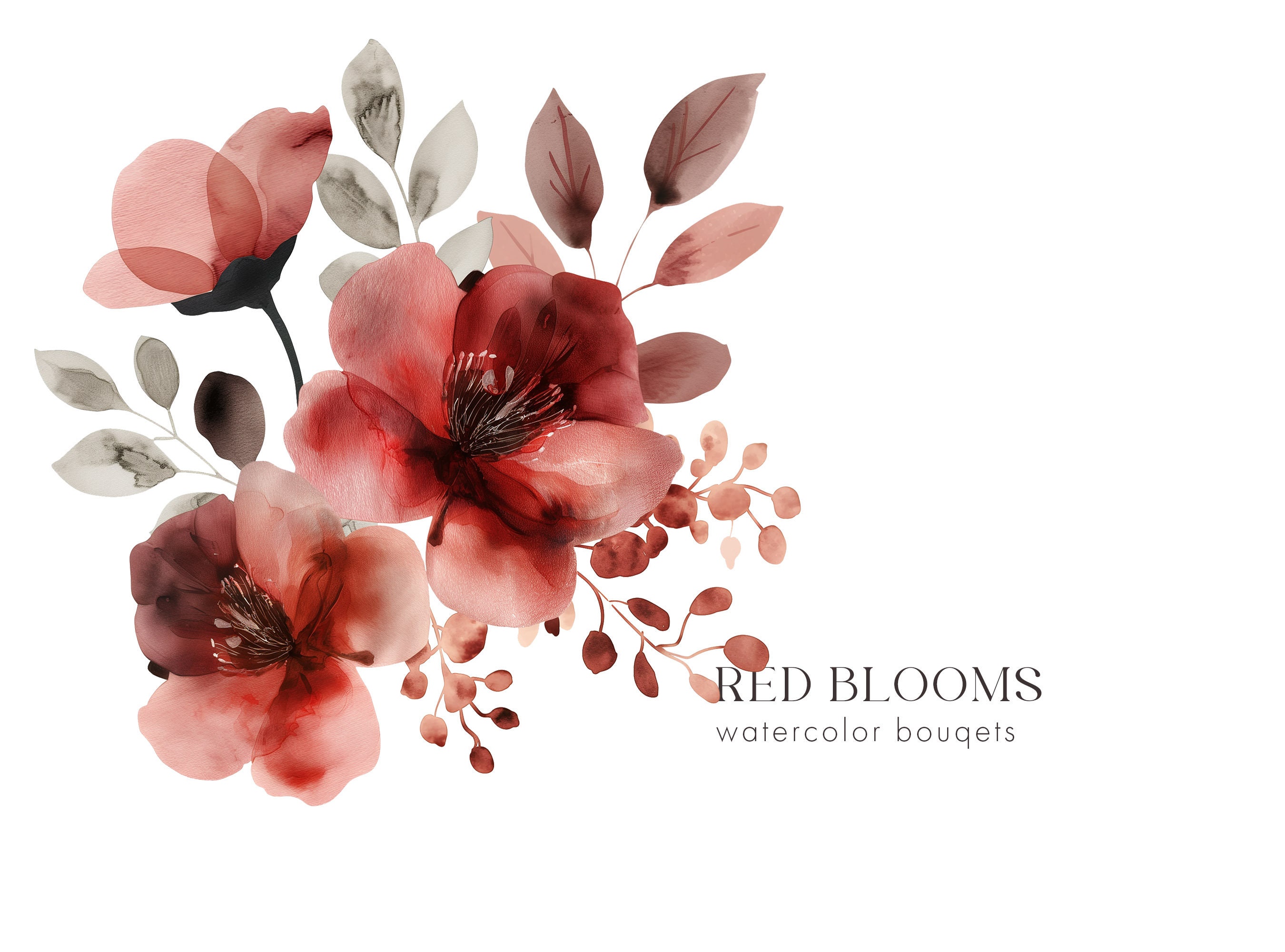 Red Floral Watercolor Clipart, Watercolor Bouquets Clipart, Autumn ...