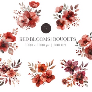 Red Floral Watercolor Clipart, Watercolor Bouquets Clipart, Autumn ...