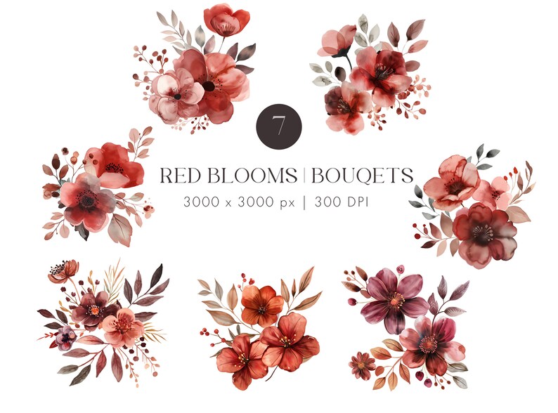 Red Floral Watercolor Clipart, Watercolor Bouquets Clipart, Autumn ...