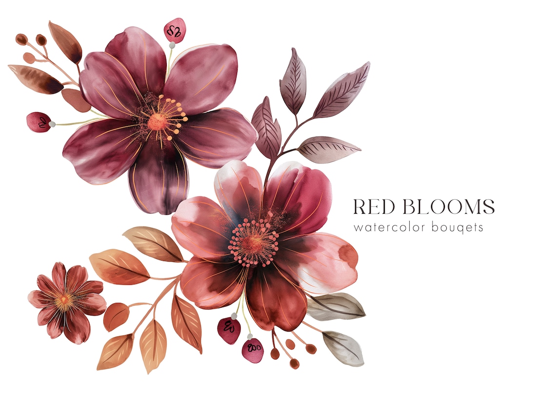 Red Floral Watercolor Clipart, Watercolor Bouquets Clipart, Autumn ...
