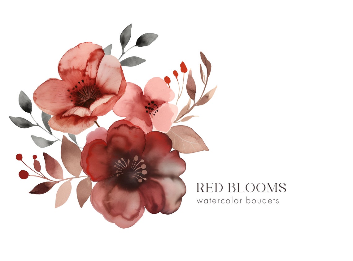 Red Floral Watercolor Clipart, Watercolor Bouquets Clipart, Autumn ...