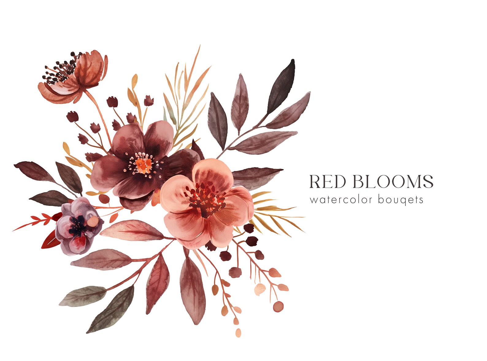 Red Floral Watercolor Clipart, Watercolor Bouquets Clipart, Autumn ...