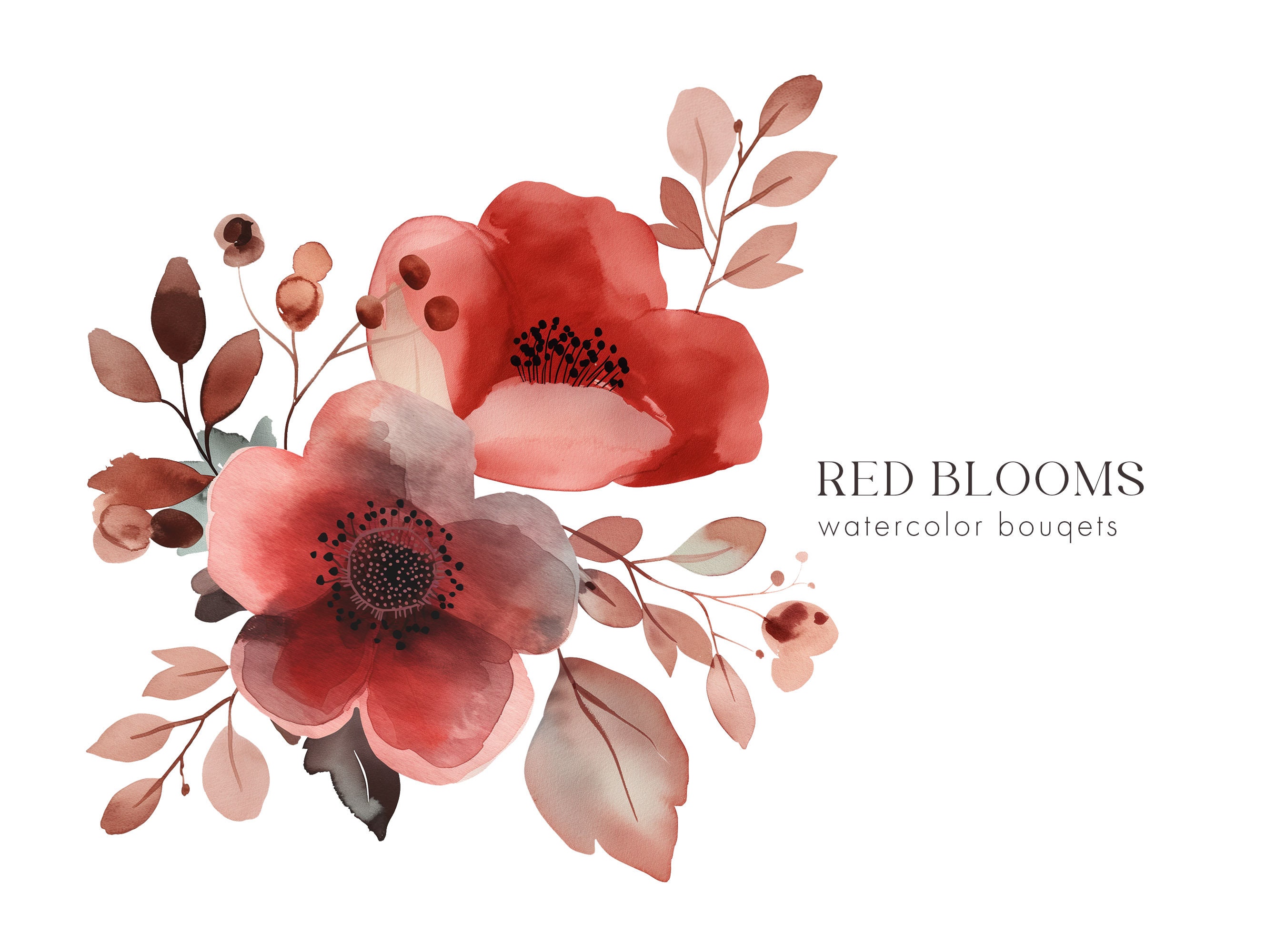 Red Floral Watercolor Clipart, Watercolor Bouquets Clipart, Autumn ...
