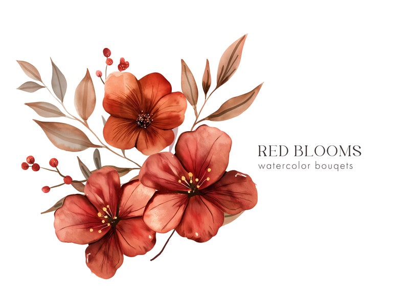 Red Floral Watercolor Clipart, Watercolor Bouquets Clipart, Autumn ...
