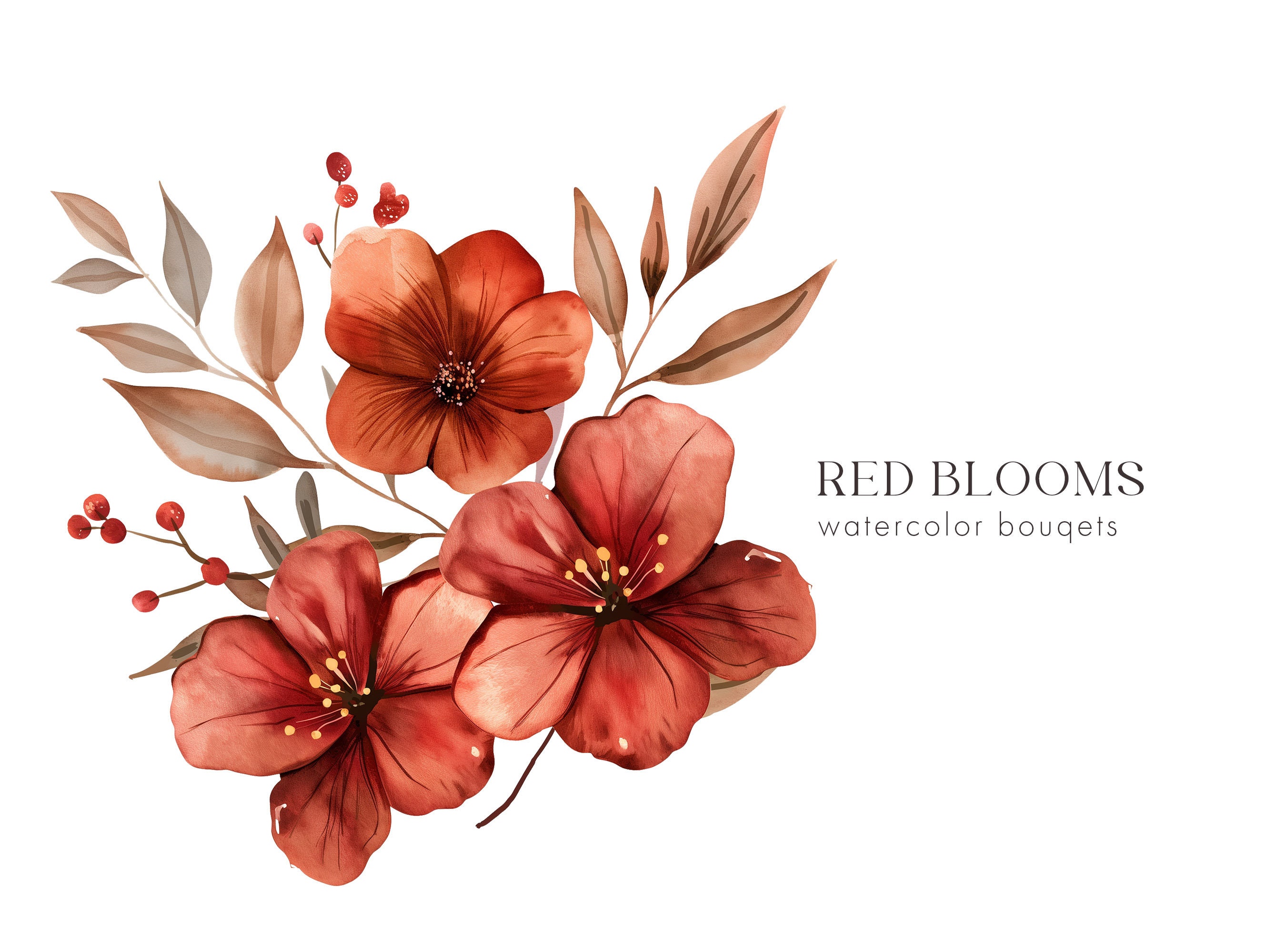 Red Floral Watercolor Clipart, Watercolor Bouquets Clipart, Autumn ...