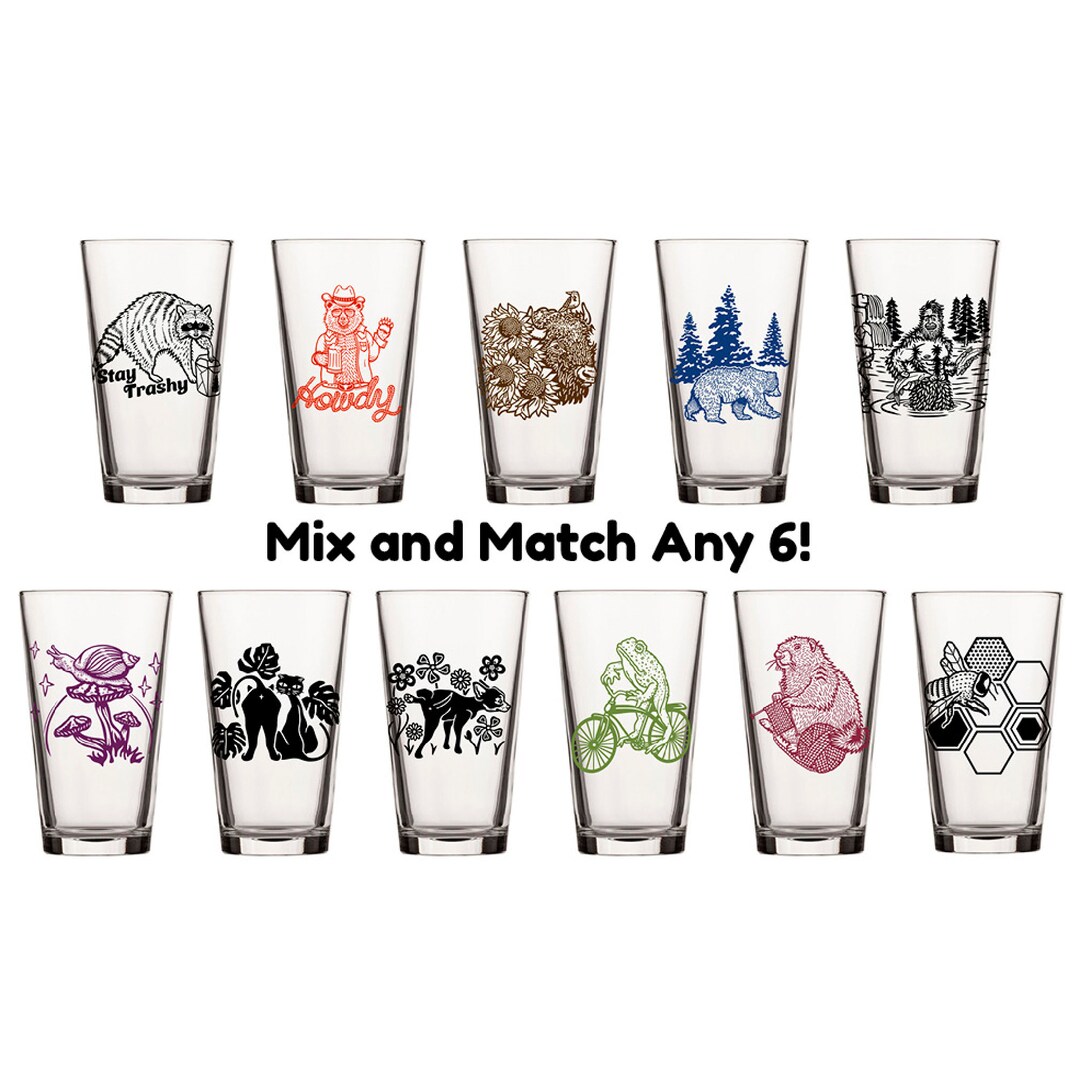 Unique Beer Glass Gift Set - Mix and Match 6 Adorable Animal 16 Oz Pint ...