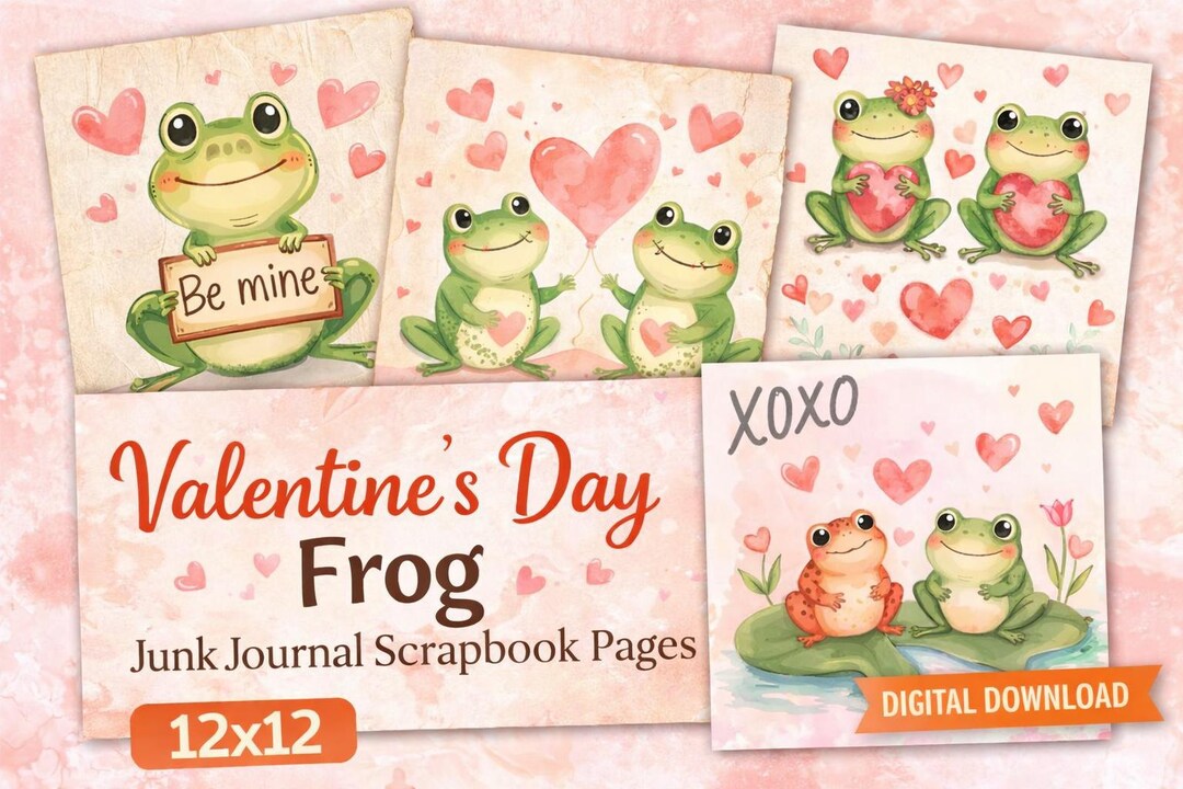 Valentine Frog Scrapbook Paper | 12x12 Junk Journal Backgrounds ...