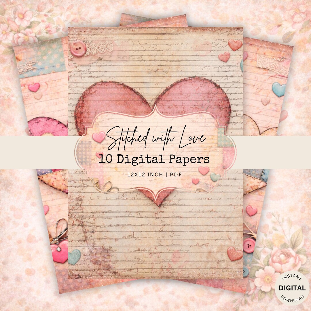Stitched With Love Valentine Digital Papers – 10 Vintage Heart ...