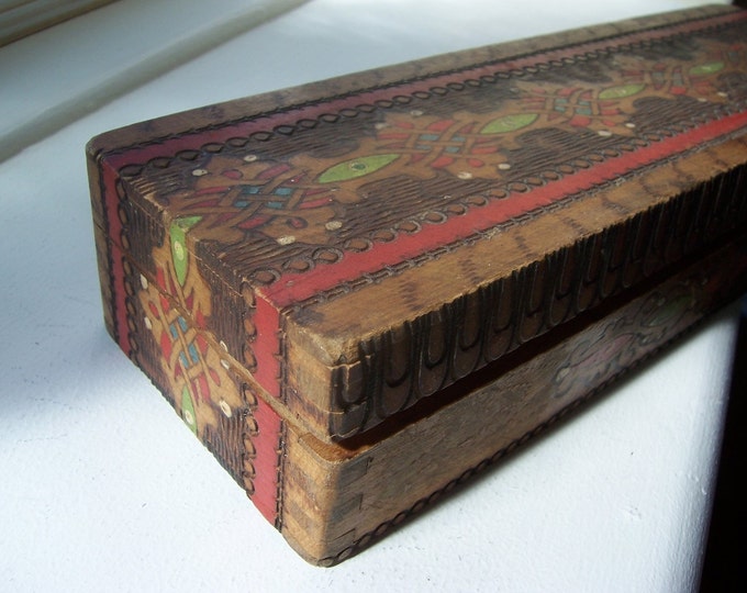 Antique Pencil Box Dovetailed Hinged Burned Colorful Design ...