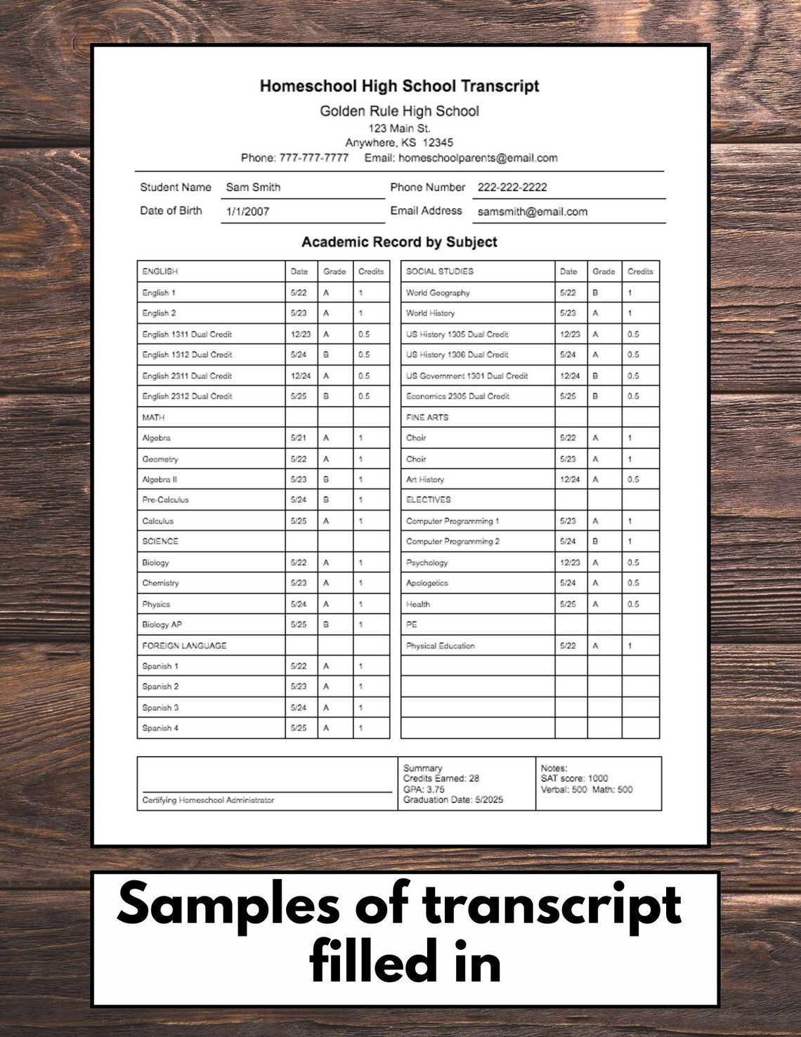 Printable Homeschool High School Transcript, Minimalist Academic Record ...