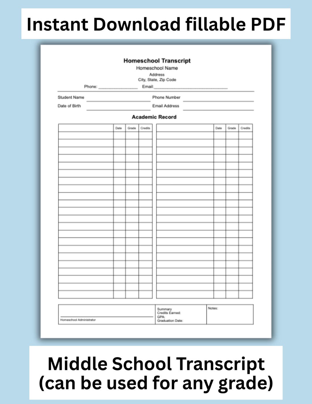 Middle School Homeschool Transcript, Junior High or High School ...